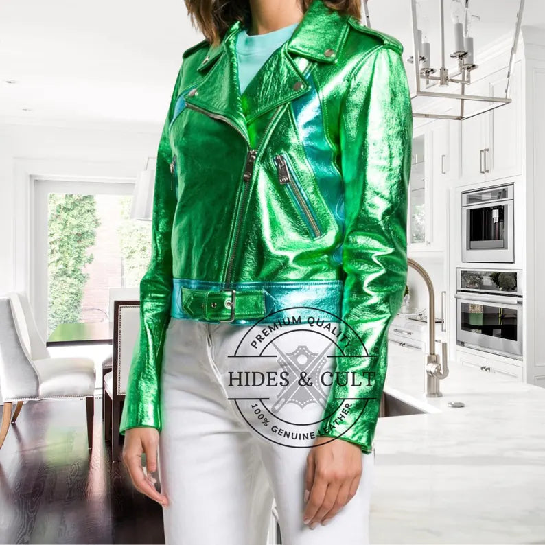 Womens Green Blue Two Toned Metallic Foil Biker Leather Jacket – Hides ...