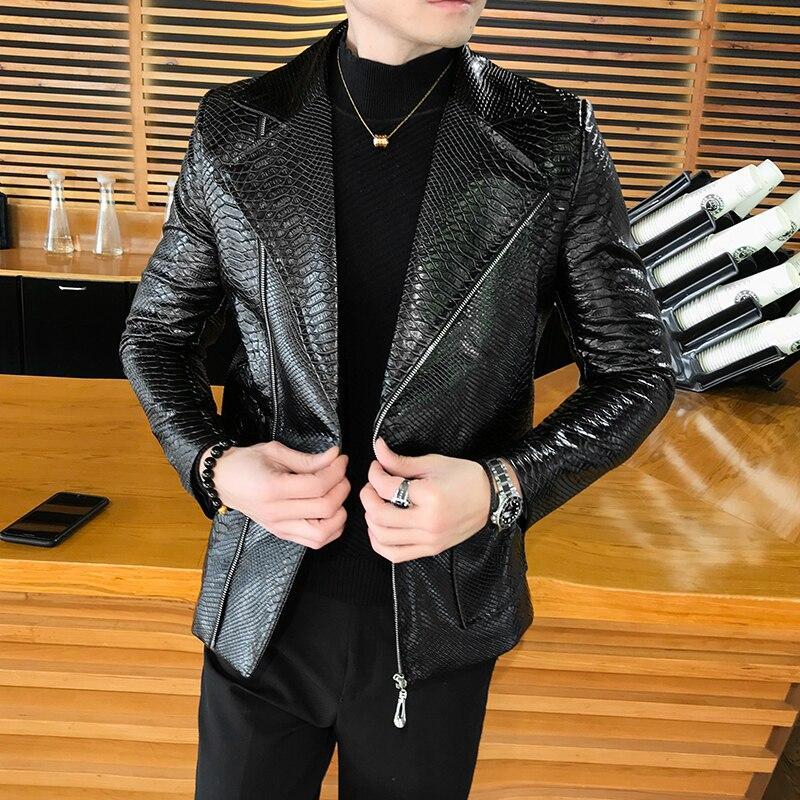 Men's Black Python Embossed Effect Motorcycle Biker Real Leather Jacke ...